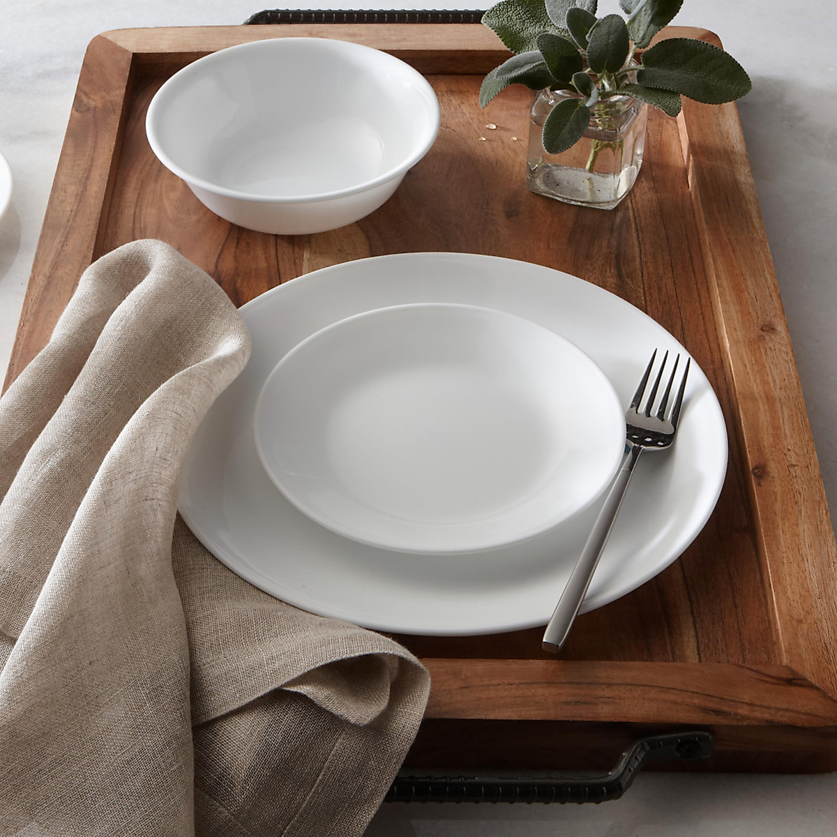 Corelle Vitrelle 18-Piece Service for 6 Dinnerware Set, Triple Layer Glass and Chip Resistant, Lightweight Round Plates and Bowls Set, Winter Frost White