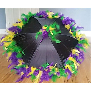 New Orleans Mardi Gras Green Second Line Parasol Umbrella with Purple, Green, Yellow Feather Accent