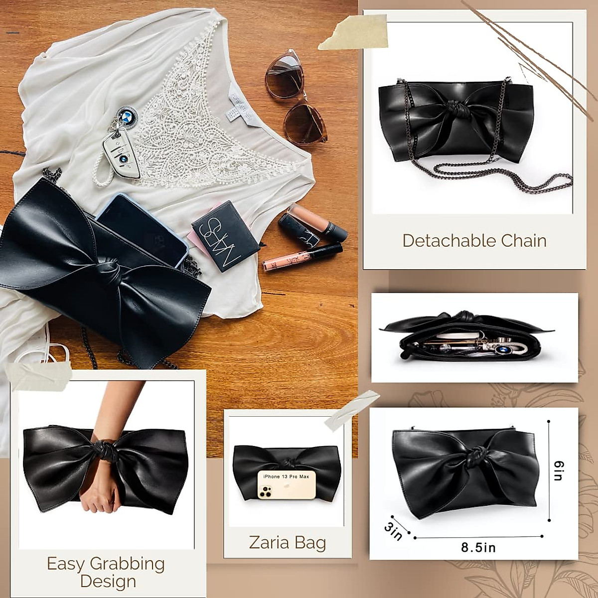 Before & Ever Oversized Wristlet Clutch Purses - Womens Evening Purse - Little Black Crossbody Bags for Women - Women's Crossbody Handbags - Vegan Leather Envelope Hand bag Wrist Wallet Purse