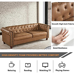 LAVHOME Upholstered Chesterfield Button Tufted Nailhead Modern Pu Leather 3 Seater Sofa Classic Rolled Arm Lrarge Couch for Living Room Bedroon Brown