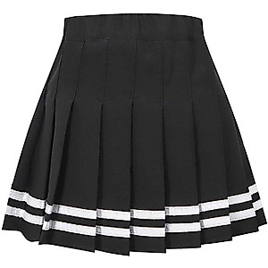 Women's Plaid Skirt, High Waist Pleated School Uniform Cosplay Costume Cheer Skirt, Black with Stripe/New Version, US S