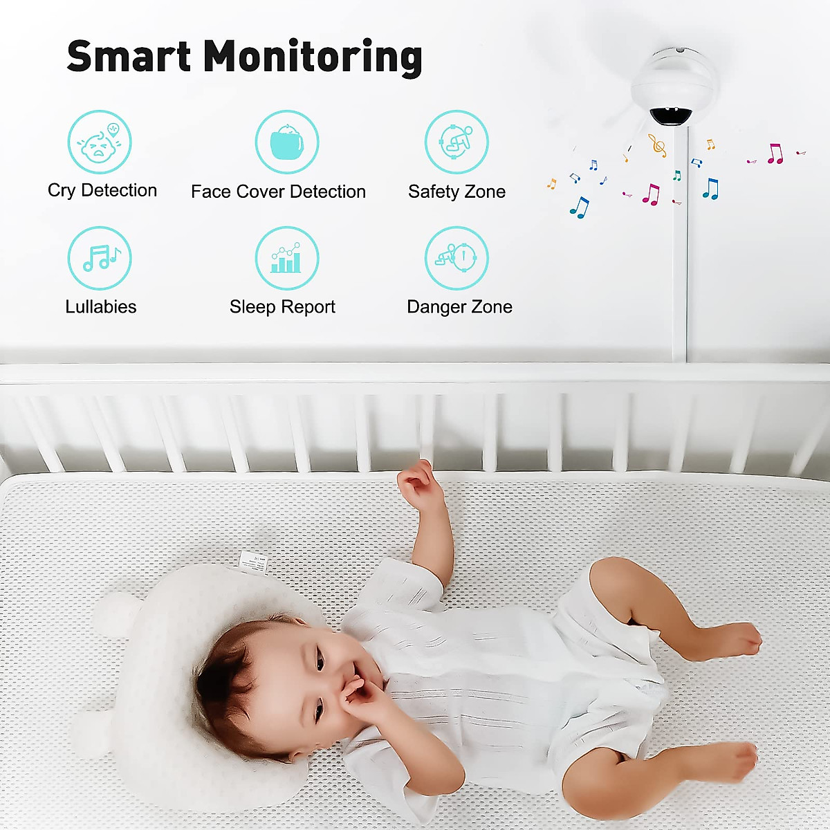 Simyke Video Baby Monitor with App and Screen 1080P Camera, Cry Detection, Lullabies, Two Way Talk, Night Vision, Face Detection, Wall Mount, Connect Smart Watch, Temperature Monitoring, Gift for Baby