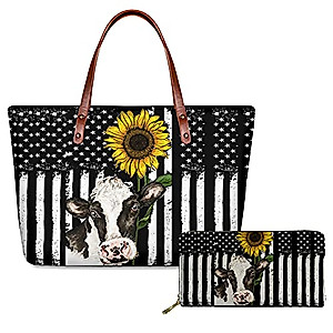 Upetstory Sunflower Cow Purses and Handbags Set Tote Shoulder Bag Clutch Wallet for Women Girls Daily Shooping Party Daily Storage Organzier