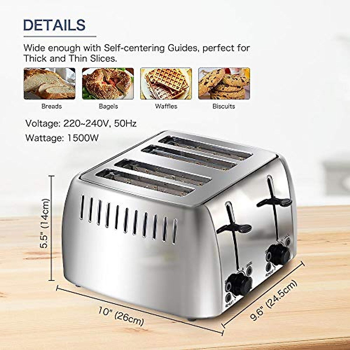 prepAmeal 4 Slice Toaster Stainless Steel Toaster Two Slice Bagel Toaster Small Bake Toaster with 6 Browning Setting, Reheat, Defrost, Bagel, Cancel Function, Extra Wide Slots (silver - 4 slice)