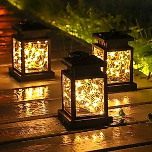 Solar Retro Hanging Lantern Outdoor Waterproof Decorative Chandelier with Fairy Lights for Garden, Terrace, Lawn, Umbrella, Terrace, Tree, Road (Warm White, 4 Pack)