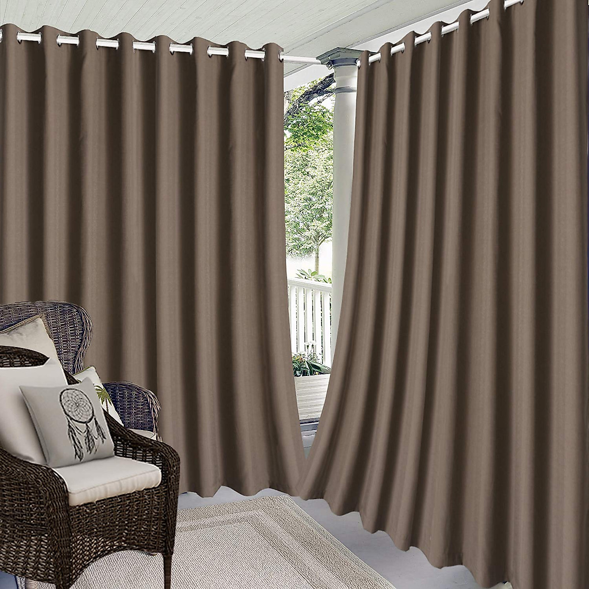 LORDTEX Linen Look Indoor/Outdoor Curtains, 105 x 120 Inch, Chocolate, Set of 2 Panels Waterproof, Privacy, Sun Blocking Textured Grommet Curtains for Patio, Pergola, Porch, Deck, Lanai, Cabana