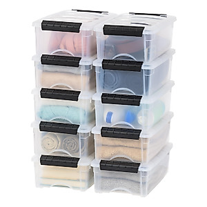 IRIS USA 6 Qt Stackable Plastic Storage Bins with Lids, 10 Pack - BPA-Free, Made in USA - See-Through Organizing Solution, Latches, Durable Nestable Containers, Secure Pull Handle - Clear/Black