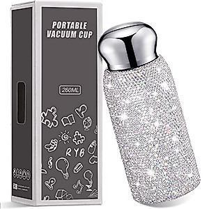 Rhinestone Water Bottle, Bling Diamond Water Bottle, Gifts for Women Stainless Steel Thermal Bottle Refillable Insulated Cup Silver Glitter Water Bottles for Women Bottles for Coffee, 260 ml (White)