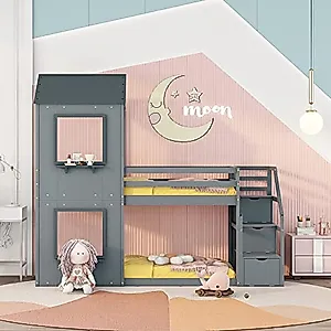 Twin House Bunk Beds Wooden Low Floor Bunk Bed with Roof & Window Twin Over Twin Bunk Beds with Stairs and Storage for Kids Teens, Grey