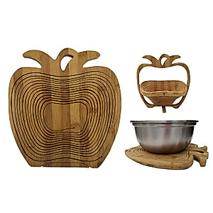 Kamay's 11X10.6 Inch Bamboo Fruit Bowl Collapsible Basket For Fruit Egg Bread Fruit Dried Fruit Folding Fruit Basket Multifunction Heat Resistant Bamboo Trivets Pot Mat Hot Pan Pads (Tomato shaped)