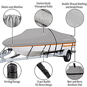Boat Cover,GAOMON 420D Waterproof Trailerable Marine Grade Polyster Canvas Fits V-Hull, Tri-Hull Fishing Boat, Runabout, SKi Boat, Bass Boat (Gray, Length:17'-19' Beam Width: up to 96")