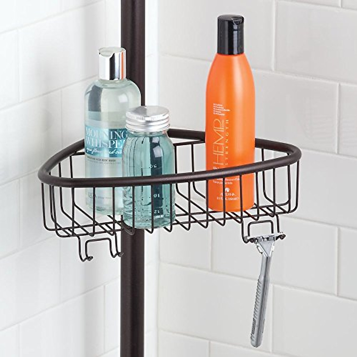 InterDesign AFFIXX, Peel-and-Stick Strong Self-Adhesive Forma Bathroom Corner Shower Caddy Pole for Shampoo, Conditioner, Soap - Bronze