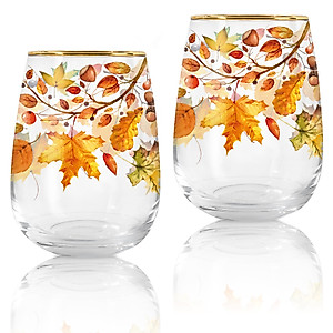 Whaline 2Pcs Fall Stemless Wine Glasses 17oz Maple Leaf Drinking Glasses with Gold Rim Autumn Leaves Tumbler Cups for Party Supplies Gifts