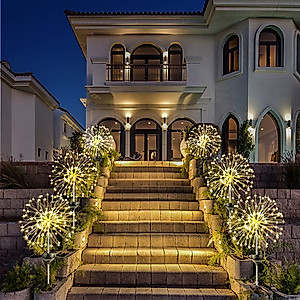 Honche Solar Garden Lights Outdoor Waterproof, LED Firefly Starburst Firework Light for Pathway Patio Lawn Backyard Flowerbed Party Christmas Decorations with 120 LEDs 8 Mode 2 Pack Warm White Round