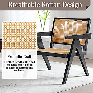 ABET Cane Accent Chairs Set of 2, Wooden Comfy Rattan Living Room Chairs with Woven Backrest & Seat, Solid Leisure Armchair, Mid-century Boho Cane Lounge Chairs for Bedroom, Patio, Balcony, Black