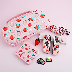 FANPL Pink Carrying Case for Nintendo Switch and Switch OLED Cover, Strawberry Travel Case Bundle with 2 Joy con Shells, 2 Thumb Grip Caps, Adjustable Shoulder Strap, Portable Switch Accessories Bag