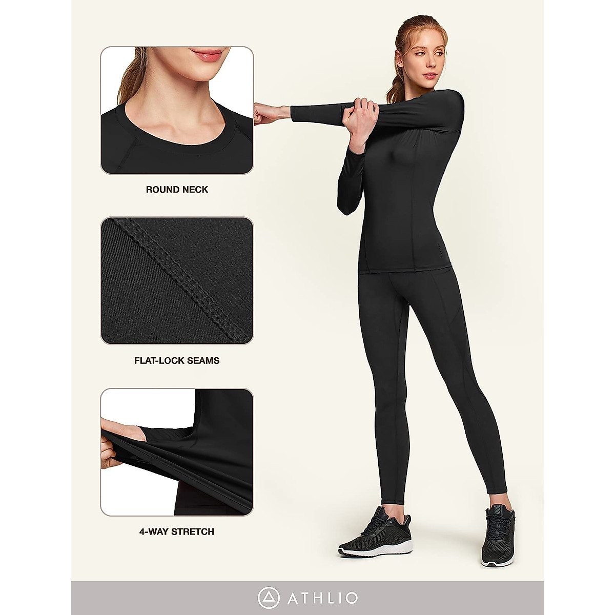 ATHLIO Women's Sports Compression Shirt, Cool Dry Fit Long Sleeve Workout Tops, Athletic Exercise Gym Yoga Shirts, 2pack Black/Charcoal, Small