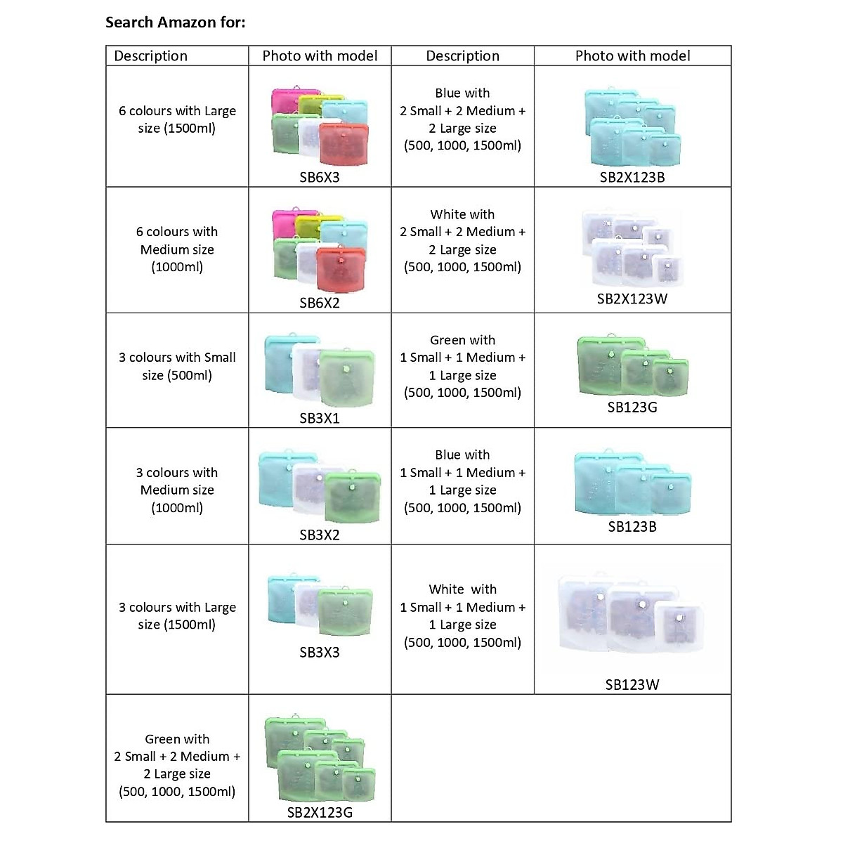 3R Reusable Silicone Food Bags with 100% Leak Proof,Silicone Bags Microwave safe, Freezer Safe & Dishwasher Safe,Reusable bags with 3 Sizes(1 Small, Medium,Self Standing,a Hook For Easy Hanging