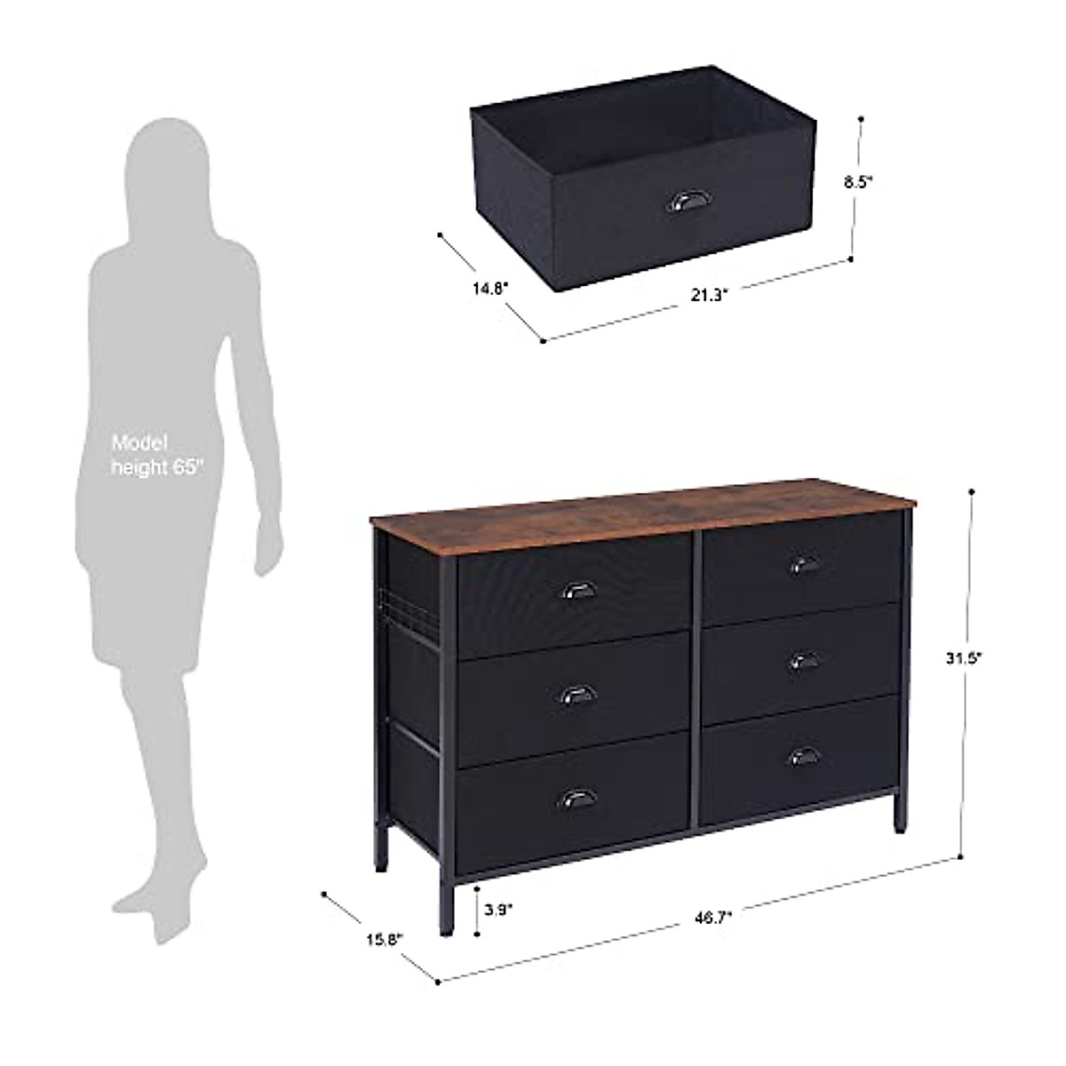 DOVAMY 6 Drawer Dresser for Bedroom, Fabric Dresser Organizer, Wide Dresser with Vintage Wooden Top, Steel Frame, Chest of Drawers, Closet, Nursery and Living Room, Black