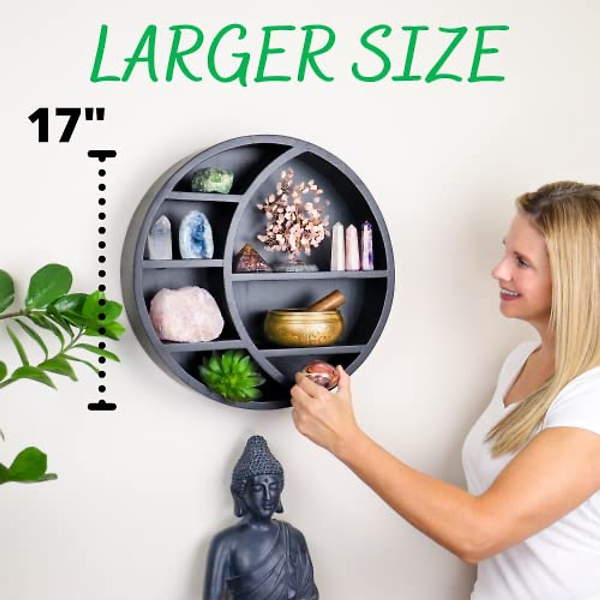 Moon Shelf for Crystals - Large 17" Black Moon Wall Decor for Bedroom, Nursery Shelf, Moon Decor – Witchy Decor - Wood Hanging Shelf Boho Crystal Display Shelf & Essential Oils Gifts for Women