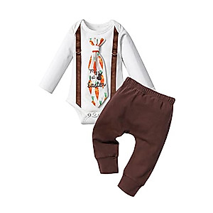Baby Boy Easter Outfit 6-9 Months, Easter Baby Boy Outfit Suspender Long Sleeve Romper Pant Sets My First Easter Baby Boy Outfit Baby Easter Outfit Boy