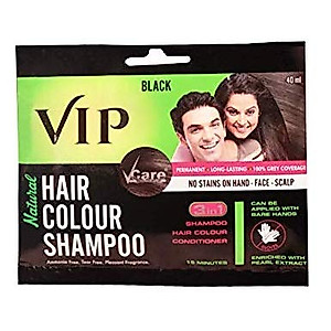 VIP 5 in 1 Hair Color Shampoo (400ml Bottle + 2 Sachets) (black) For Hairs, Mustache, Beard, Chest & hands, Ammonia Free Instant Hair Colour Can be Applied with Bare Wet hands