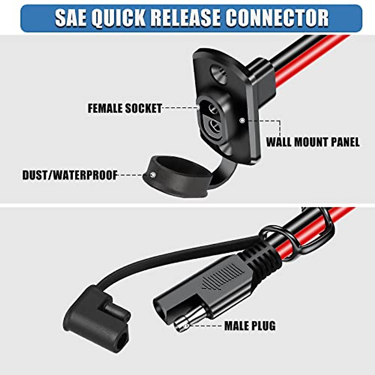 3PCS Sae Connector, SAE Quick Connector Harness, 1FT 12AWG SAE Adapter Male Plug to Female Socket Cable, Waterproof SAE Extension Cord for Solar Panel Generator Battery Charger Battery Tender cable