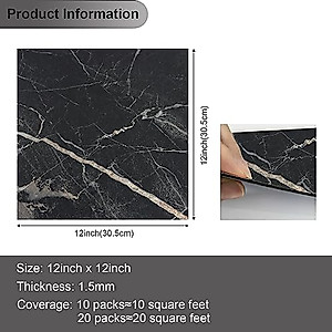 VaryStyle 20 Pack Black Marble Peel and Stick Waterproof Vinyl Floor Tiles 12"x12" Self Adhesive Removable Sticky Tiles for Kitchen Bathroom Bedroom Floor Walls