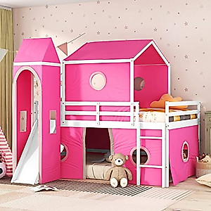RORIGAT Castle Full Size Bunk Bed,Solid Wood Low Loft Bed Frame with Windows Slide, Tent and Tower,Bunk Bed for Kids Bedroom,Pink