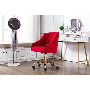ZOBIDO Comfy Home Office Task Chair with Wheels, Cute Modern Upholstered Velvet Seashell Back Adjustable Swivel Vanity Desk Chair, for Women, for Kids, for Girls, Living Room, Bedroom, (Red)