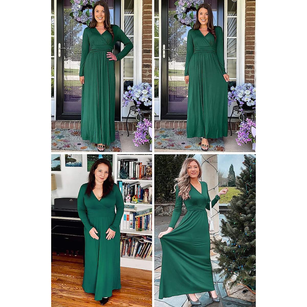 OUGES Womens Long Sleeve Green Dress V-Neck Wrap Waist Maxi Dress(Green,M)