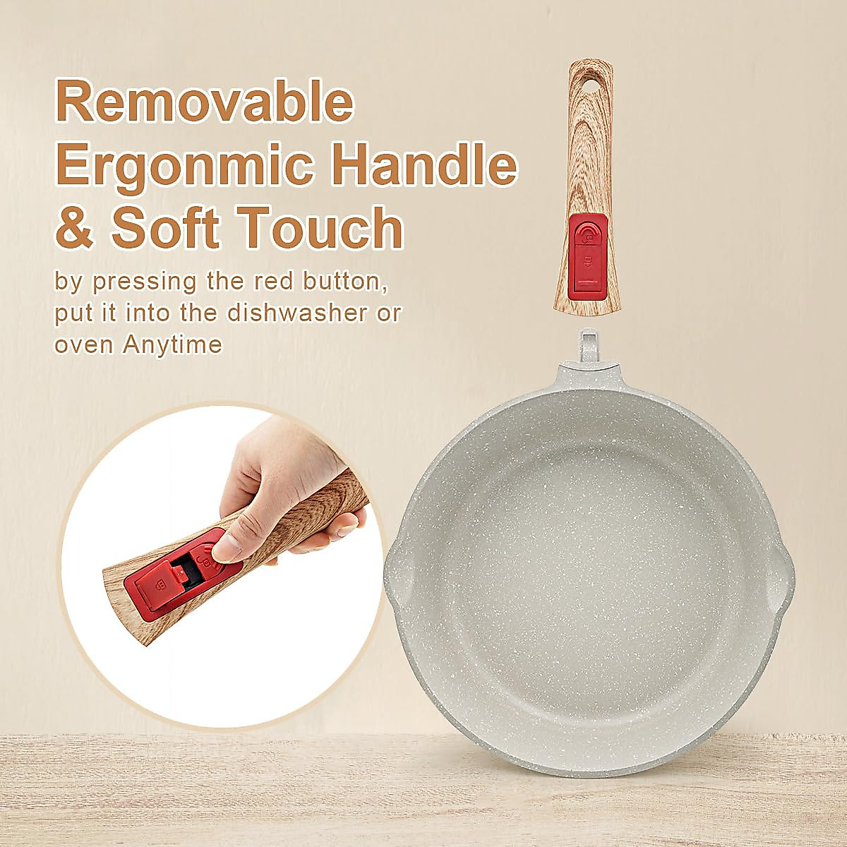 Bobikuke 5 Pcs Nonstick Deep Frying Pan Set with Removable Handle, 8"&9.5" &11" Granite Coating Non stick Skillets Cookware Set with Universal Lid, Oven& Dishwasher Safe (White)