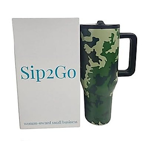 Sip2Go Tumbler - 40 oz Water Bottle with Handle & Flip Straw - Fits in Cup Holder, Leak Resistant Tumbler-Reusable Insulated Stainless Steel & Rubber Base - Women, Men, Kids (Camouflage, 40oz)