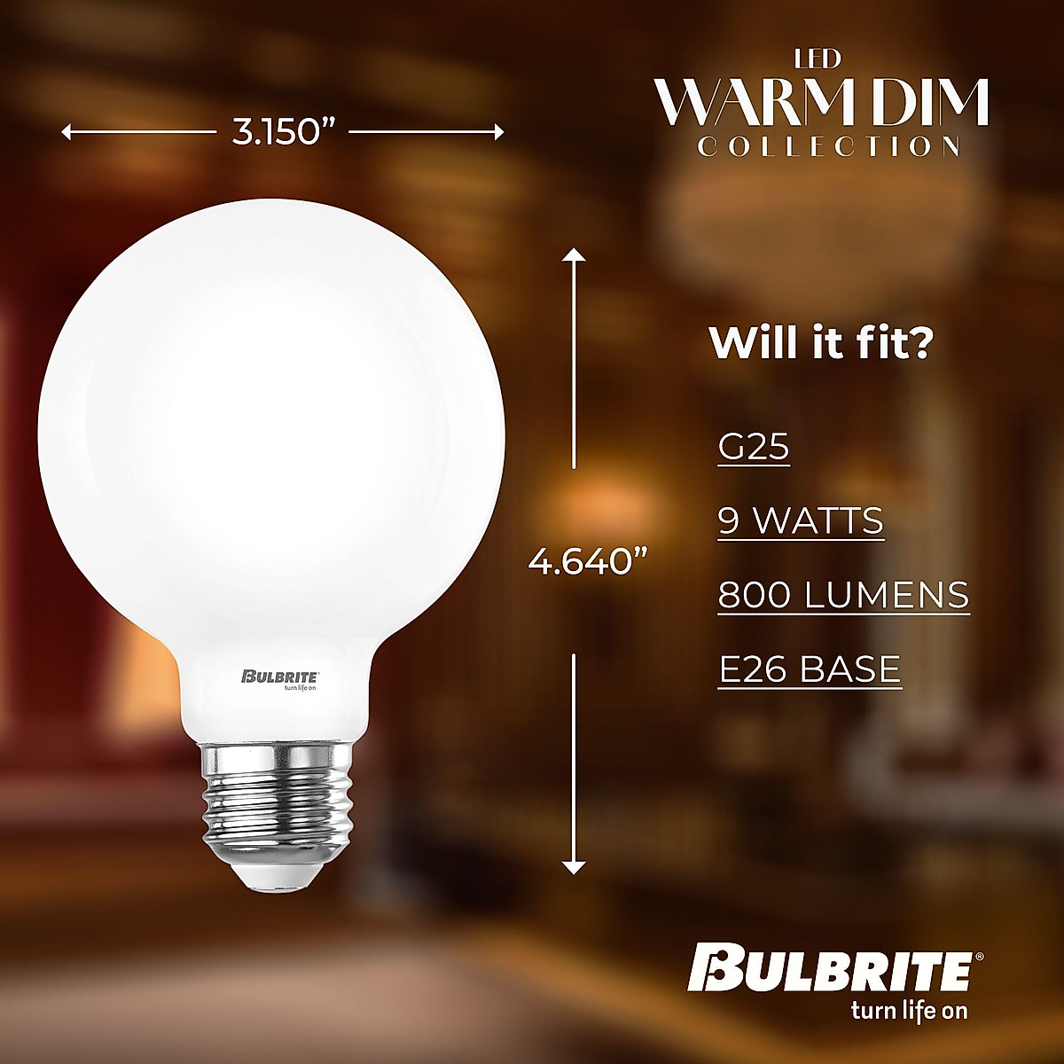 9 Watt LED G25 Light Bulbs, Warm Dimming 3000K (Soft White) - 1800K (Candlelight), 800 Lumens