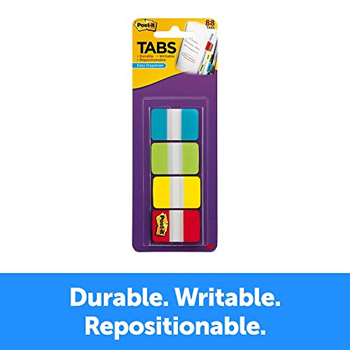 Post-it Tabs, 1 in Solid, Aqua, Lime, Yellow, Red, 22/Color, 88/Dispenser (686-ALYR1IN)