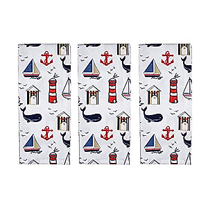 fillURbasket Coastal Kitchen Towels Set of 3 Nautical Towels with Fish Sailboats Whales Lighthouse Ocean Dish Towels for Kitchen 15”x25” 100% Cotton