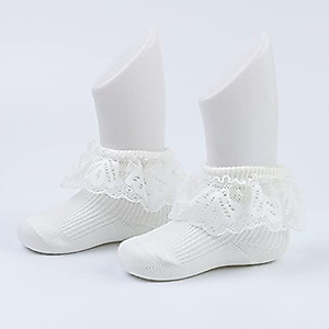 VINIKNIKA 6 Pairs Baby Girls Socks Newborn Ruffle Lace Socks Princess Frilly Knit Cotton Socks with Bows for Infant Toddler Kids (White 6 Pairs Set 6, 6_months)