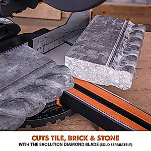 Evolution Power Tools R255SMS+ PLUS 10-Inch Sliding Miter Saw Plus Multi-Material Multi-Purpose Cutting Cuts Metal, Plastic, Wood & More 0˚ - 45˚ Bevel & 50˚ - 50˚ Miter Angles TCT Blade Included