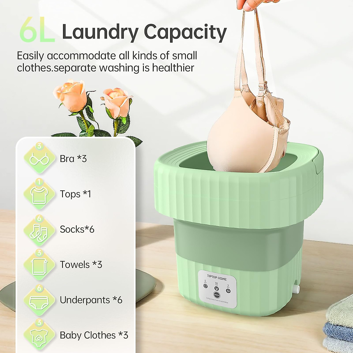 Portable Washing Machine, 6L Foldable Mini Washing Machine, Compact Travel Washing Machine for Small Items Baby Clothes Underwear Socks Towels Apartment Dorm Camping RV Travel Laundry