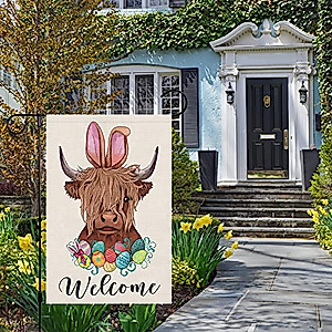 Happy Easter Garden Flag 12x18 Double Sided Burlap, Small Vertical Easter Highland Cow Welcome Garden Yard Flags for Spring Outdoor Outside Decoration (Only Flag)