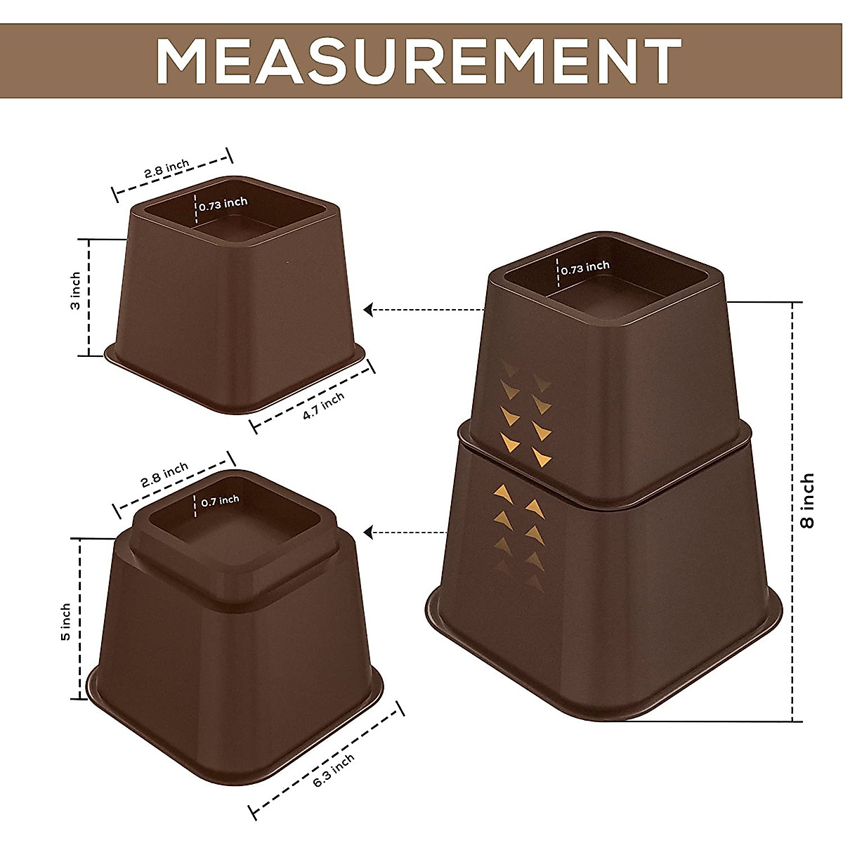 Utopia Bedding Adjustable Bed Furniture Risers - Elevation in Heights 3, 5 or 8 Inch Heavy Duty Risers for Beds and Under Bed Storage - Supports up to 1,300 lbs - (Set of 4 Riser, Brown)
