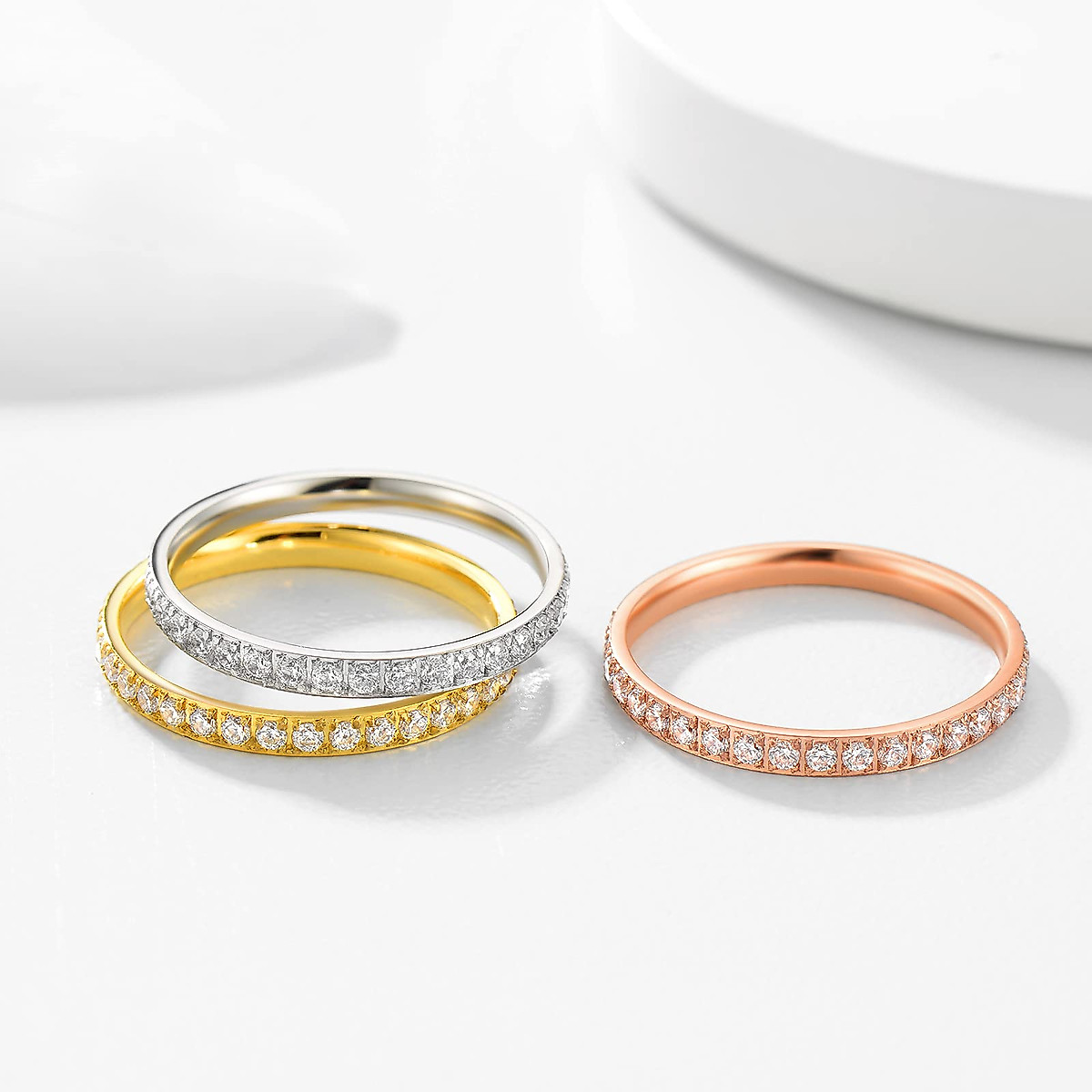 KAZITSAN 2mm Stainless Steel Eternity Rings for Women Cubic Zirconia Gold Engagement Wedding Band Size 8