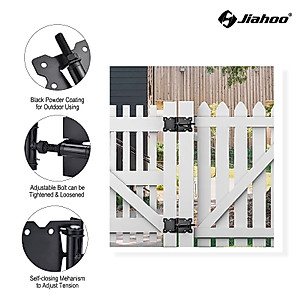 JIAHOO Self-Closing Gate Hinges Heavy Duty Door Hinges for Wooden/Vinyl/PVC Fences, 90 Degree Adjustable Gate Hinge Hardware Kit with Spring Adjuster Tool, Black(1 Pair-2 Hinges)