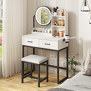 Makeup Vanity Desk with Mirror and Lights, Cute Vanity Makeup Table, Small Vanity Table for Bedroom with Lots Storage, 3 Lighting Modes, 31.5in(L)…