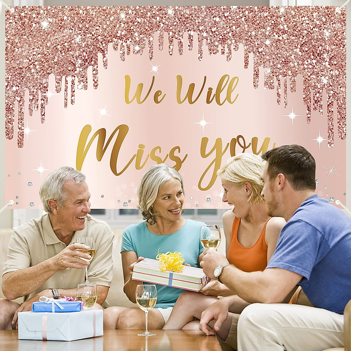 Going Away Party Decorations We Will Miss You Banner Backdrop for Women, Rose Gold Goodbye Farewell Party Sign Supplies, Pink Retirement Graduation Party Poster Background Photo Booth Props Decor