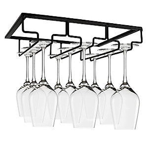 Helunsi Black Wine Glass Rack Under Cabinet Wine Glass Holder Stemware Hanging Rack Wine Glass Hangers Under Shelf Metal Storage Organizer Mountable for Kitchen Cabinet Restaurant Bar (3 Rows)
