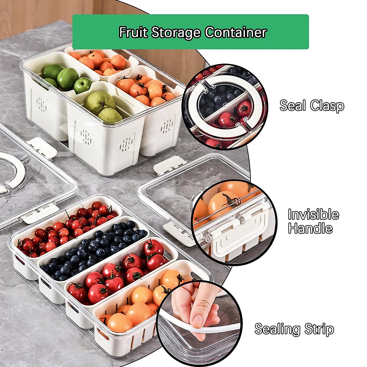 Airtight Fruit Storage Containers for Fridge with Lids, Food Storage Containers with Handle & 4 Removable Colanders, Refrigerator Organizers and Storage for Fresh Fruits, Vegetable Fresh Keeper