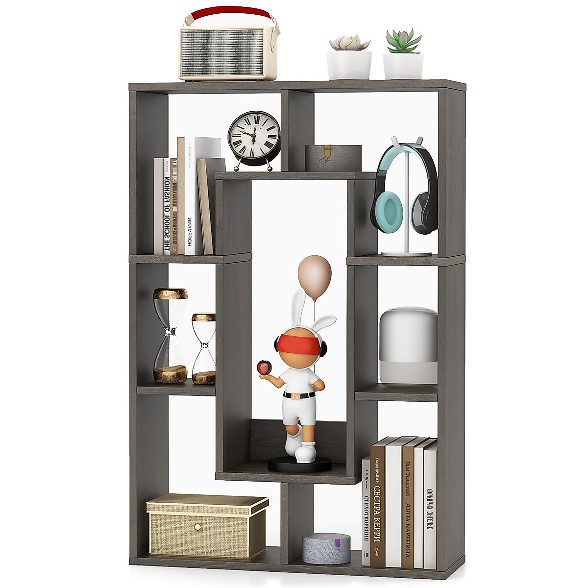 Tangkula 35.5” Geometric Bookshelf, Freestanding Wood Open Bookcase with 7 Cubes, Anti-Toppling Devices, Home Office Décor Rectangular Storage Shelf Display Rack for Study Living Room (1, Gray)