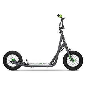 Mongoose Expo Kick Scooter, BMX-Style Handlebar & Brake Cable Rotor, For Riders Ages 6 and Up, Rear Axle Pegs, 12-Inch Air Tires, Max. Weight of 175 lbs., Green/Grey