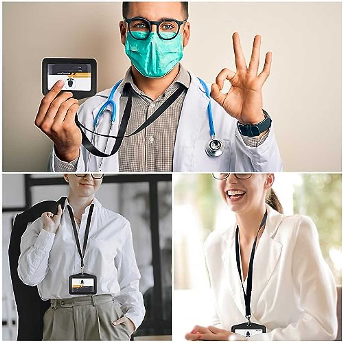 BOKOVNGEE 2pack badge holder with nylon lanyard and key ring, Horizontal cowhide ID badge holder with Double sided transparent window for Office worker，Teachers，Students, Workers，Medical staff